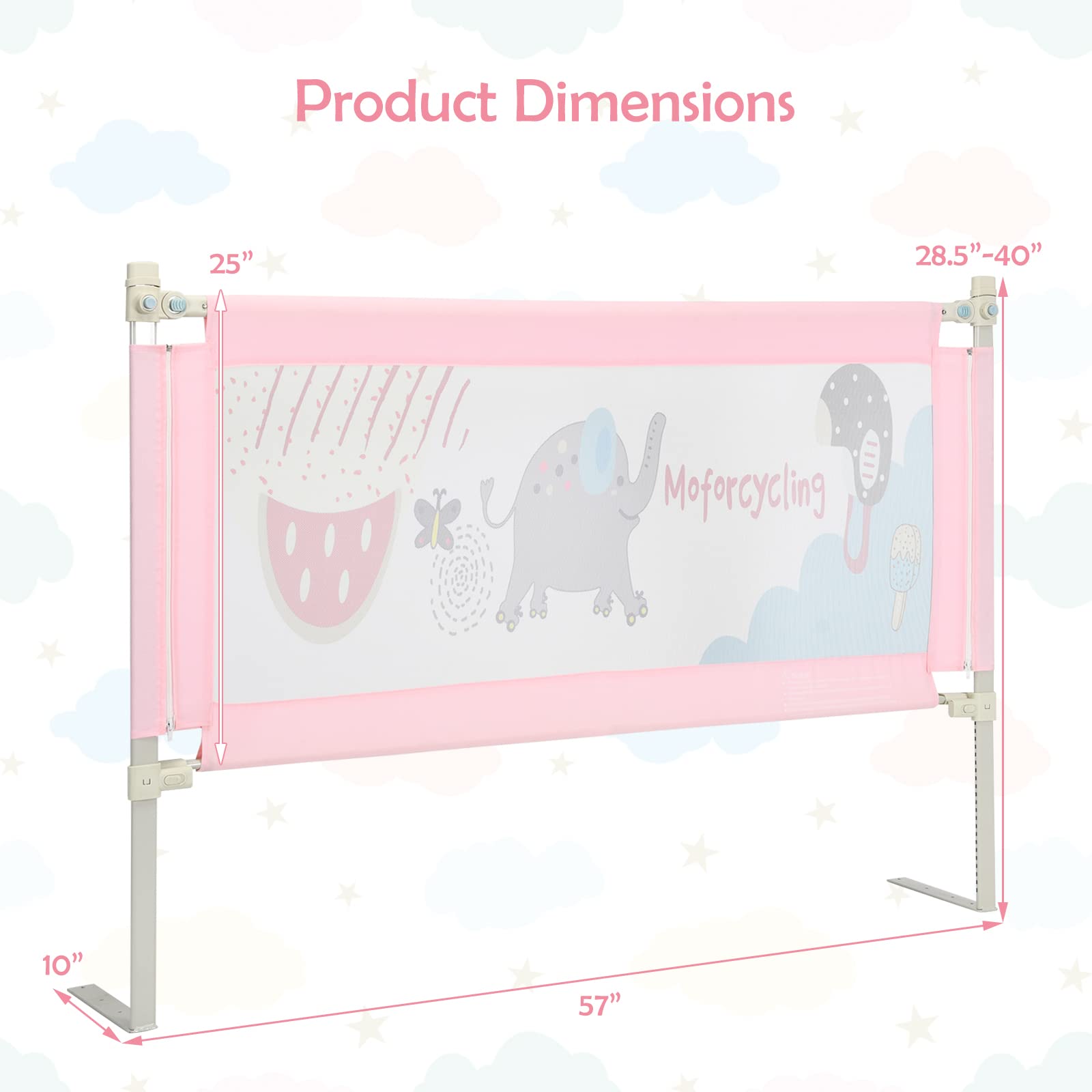 BABY JOY Bed Rail for Toddlers, 57ββ Extra Long, Height Adjustable & Foldable Baby Bed Rail Guard w/Breathable Mesh & Double Safety Child Lock for Kids Twin Double Full Size Queen King Mattress, Pink