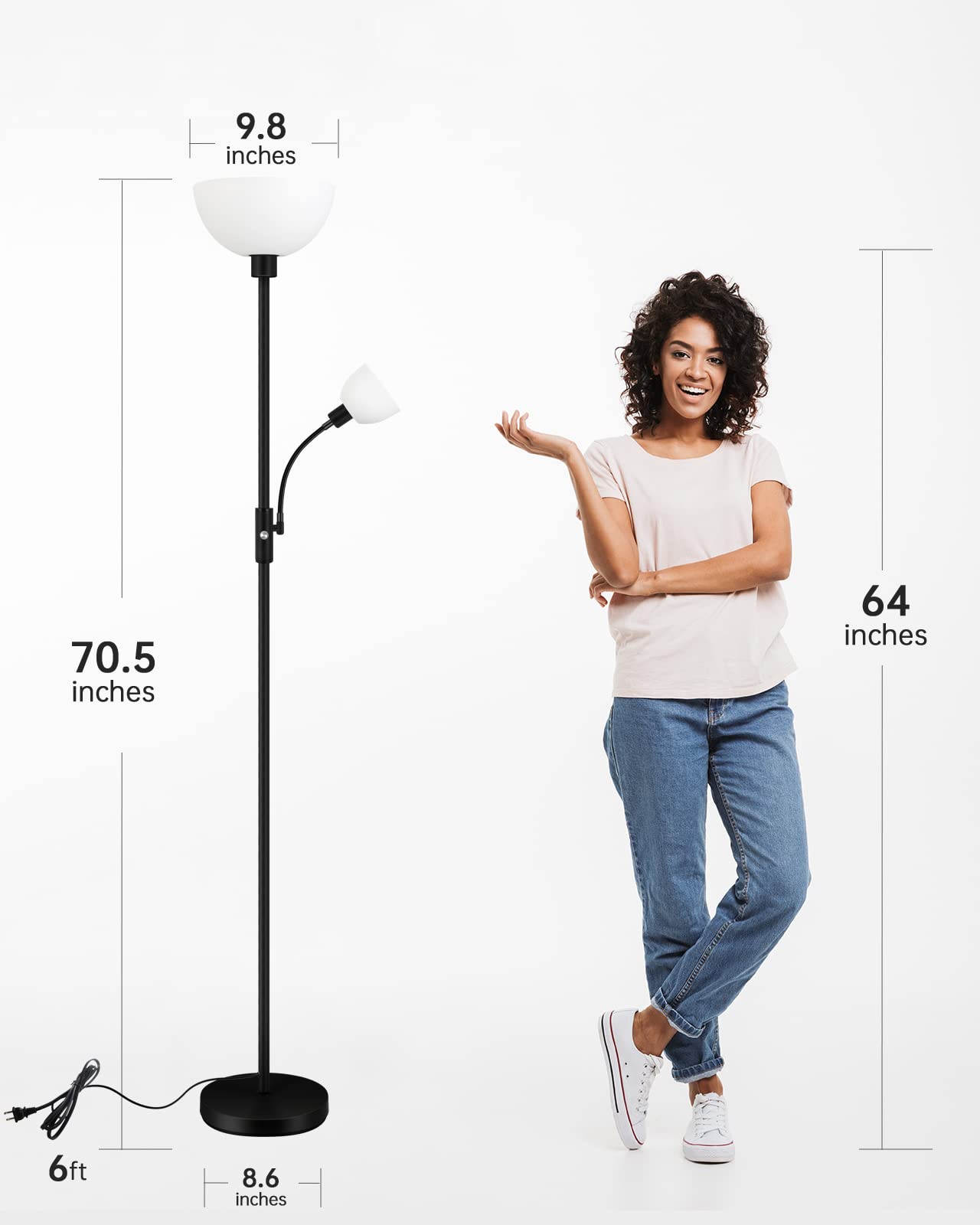 BoostArea Floor Lamps for Living Room, Modern Floor Lamp with Reading Lamp(12W, 4W), Bright Standing Lamp with Bulbs, 70.5" Tall, White Plastic Lampshades,3-Way Rotary Switch, Simple Pole Lamps, Black
