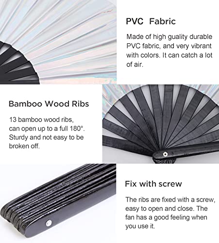 Gionforsy 1pcs Rave Hand Fan Bamboo Holding Hand Fan Large Folding Fan with Bright Color Fabric Folding Fan for Festival (1PC-Style4 Silver)