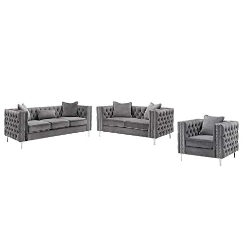 BOWERY HILL 3-Piece Tufted Modern Velvet Living Room Set in Gray