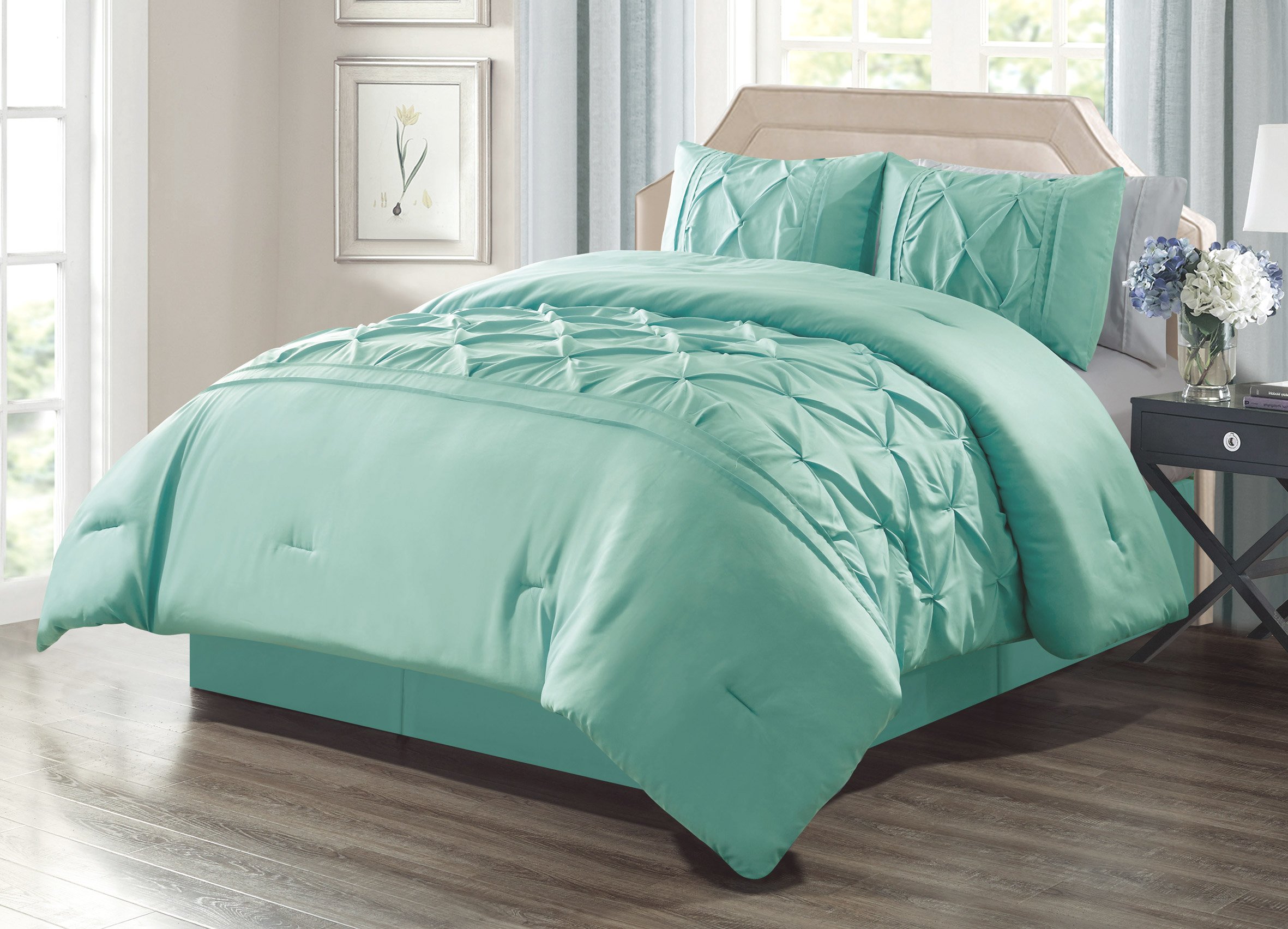 Grand Linen 3 Piece Queen Size Solid Turquoise Blue Double-Needle Stitch Puckered Pinch Pleat Stripe Duvet Cover Set
