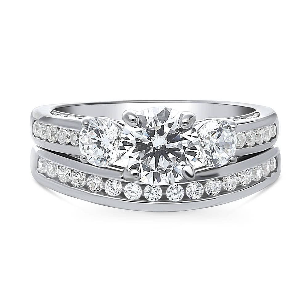 BERRICLE Sterling Silver 3-Stone Wedding Engagement Rings Round Cubic Zirconia CZ Ring Set for Women, Rhodium Plated Size 6.5
