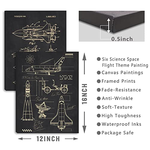 BINCUE Framed Science Wall Art Space Flight Theme Blueprint Poster Painting Modern Dark Canvas Wall Art Decor for Men Office Science Lovers 12x16 Inch 6 Piece