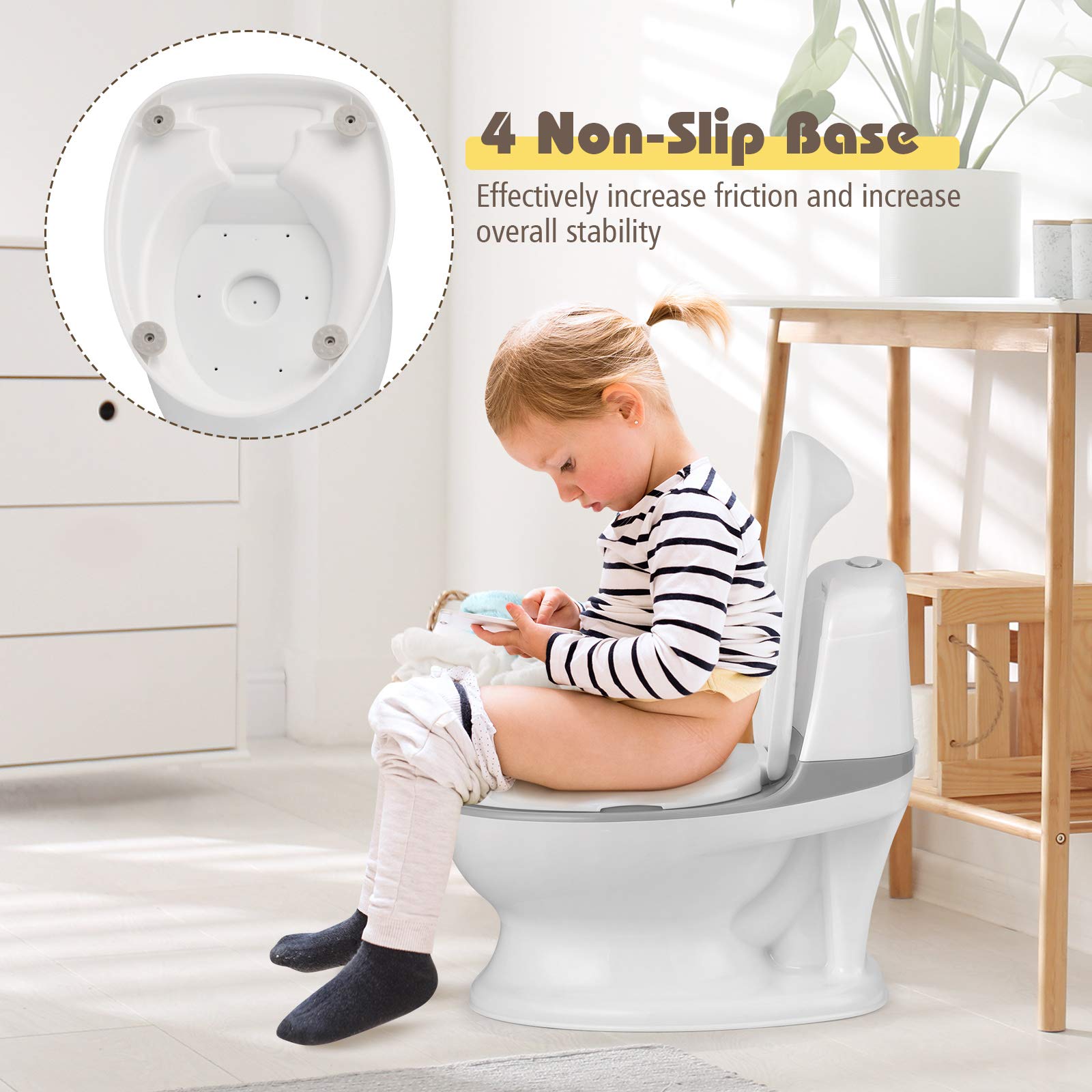 BABY JOY Realistic Potty Training Toilet, Potty Seat for Toddlers & Kids w/Flushing Sounds & Built-in Wipe Compartment, Splash Guard for Simple Cleaning, Ergonomic (Grey)