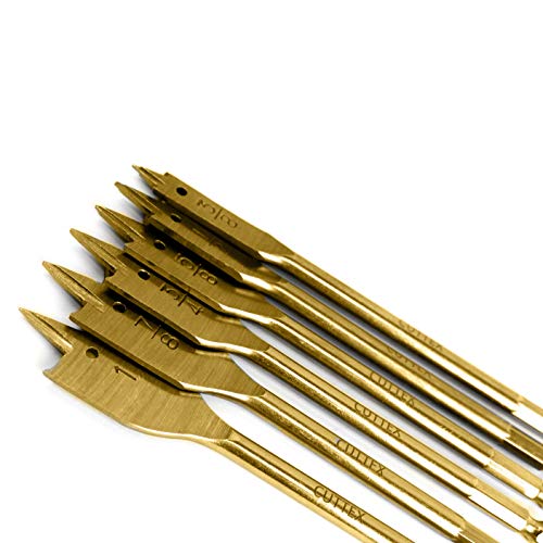 CUTTEX TOOLS Spade Drill Bit Set in Titanium Coating, 6 Pcs Titanium Drill Bit for Woodworking, 3/8" to 1", Full Set, Paddle Flat Bits (Titanium Coating), Nylon Storage Pouch Included