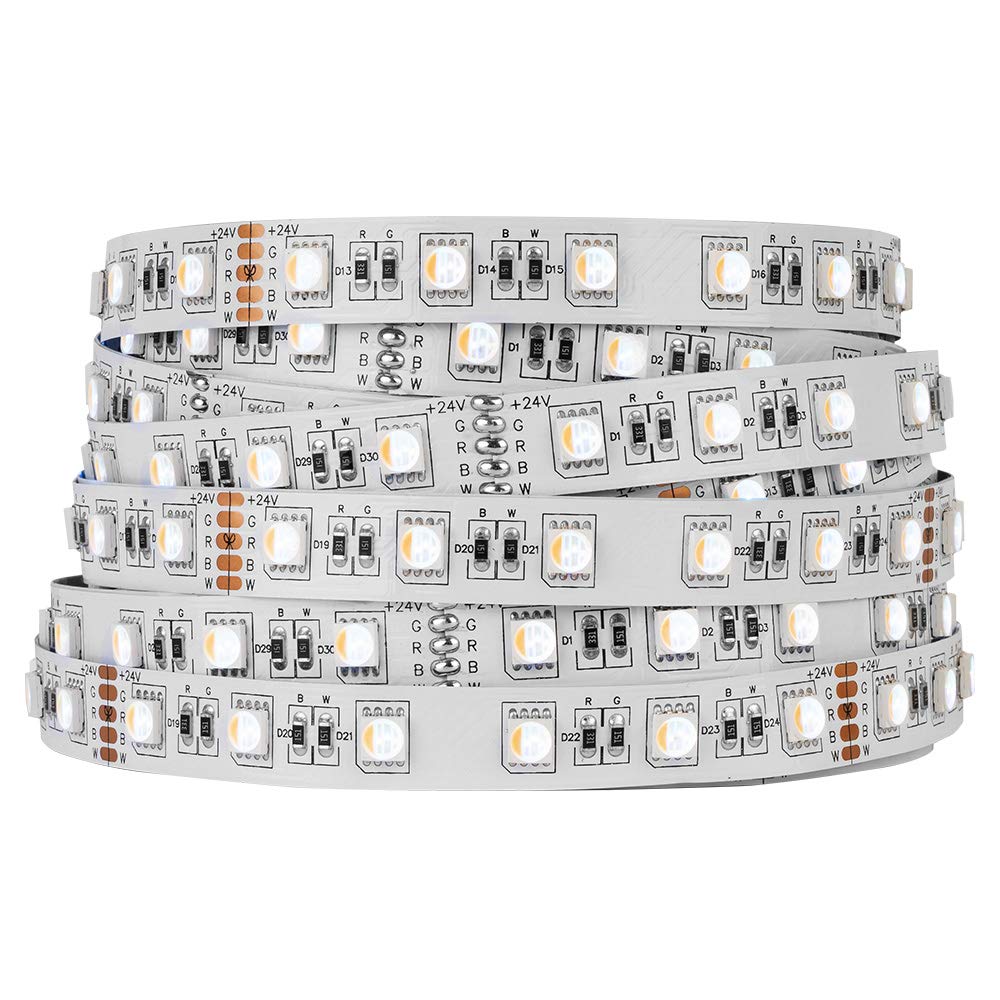 BTF-LIGHTING 5050 RGBW RGB+Warm White(2700K-3000K) 4 Colors in 1 LED 5m 16.4ft 60LEDs/m Multi-Colored LED Tape Lights IP30 Non-Waterproof White 12mm PCB DC24V for Bedroom Kitchen Home Decoration