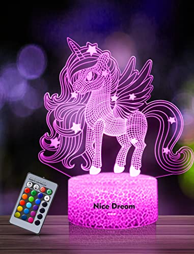 Nice Dream Unicorn Night Light for Kids, 3D Night Lamp, 16 Colors Changes with Remote Control, Room Decor, Gifts for Children Girls