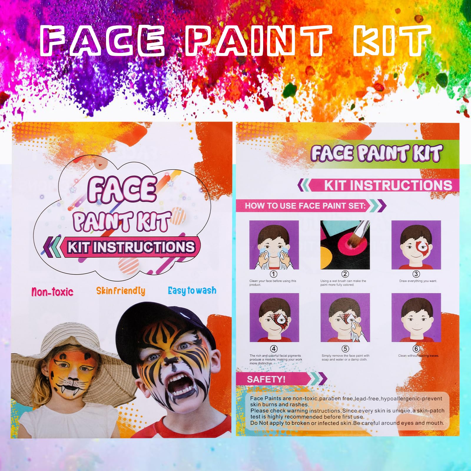 Face Painting Kit for Kids,18 Colors Face Paint Kit with Stencils Professional,Water Based Non Toxic Facepaint Makeup Kit with Gem Sticker Brushes Crayons for School Carnival,Halloween,Christmas Party