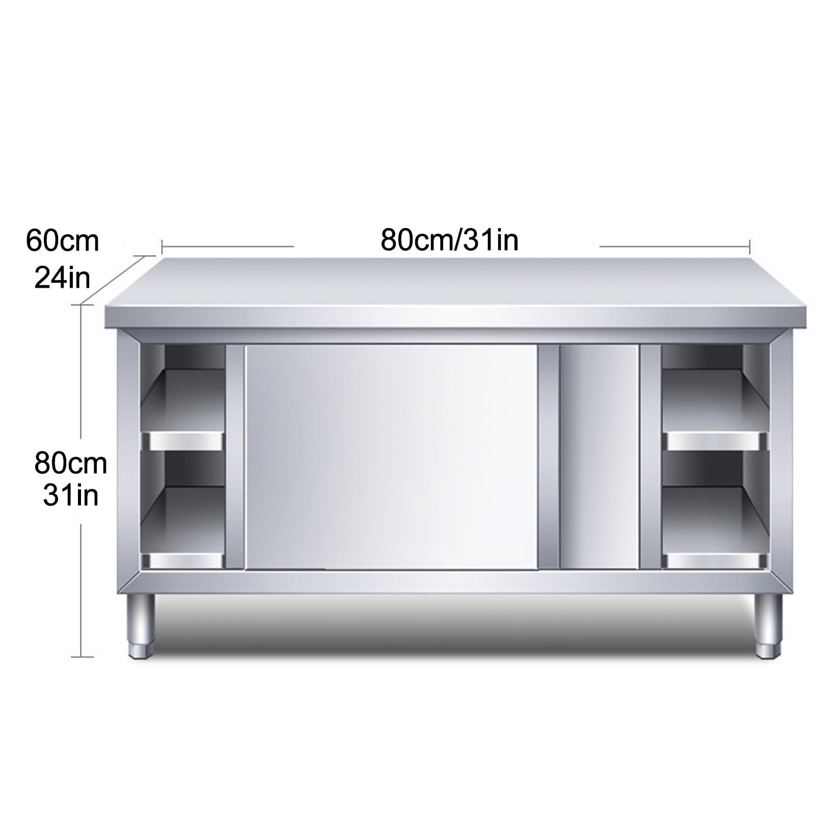 CHBMZ Stainless Steel Prep Table, W/Sliding Doors, Heavy Duty Workbench W/Cabinet, with Backsplash and Undershelf for Kitchen Restaurant (Size : 80x60x80cm/31x24x31in)