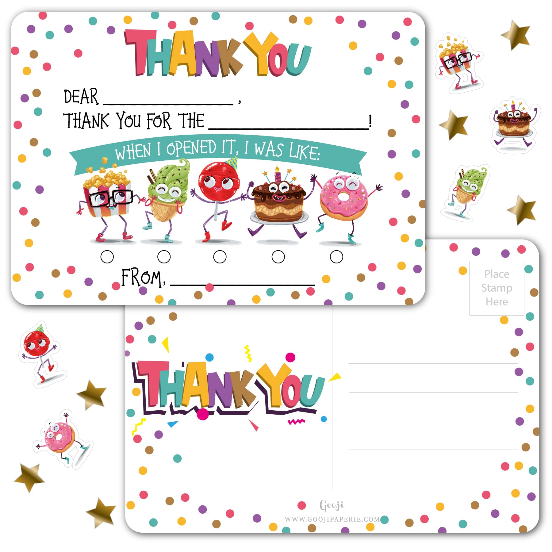 Gooji Kid’s Thank You Cards, 25 Pc. Postcards Set, Double-Sided Custom Cardstock with Fill in the Blank Messages for Birthday Party, Event, or Holiday Use, Stickers Included (Party Treats)