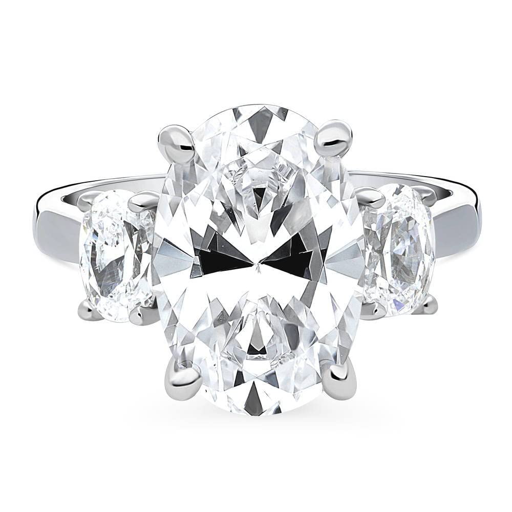 BERRICLE Sterling Silver 3-Stone Wedding Engagement Rings Oval Cut Cubic Zirconia CZ Statement Cocktail Anniversary Ring for Women, Rhodium Plated Size 7