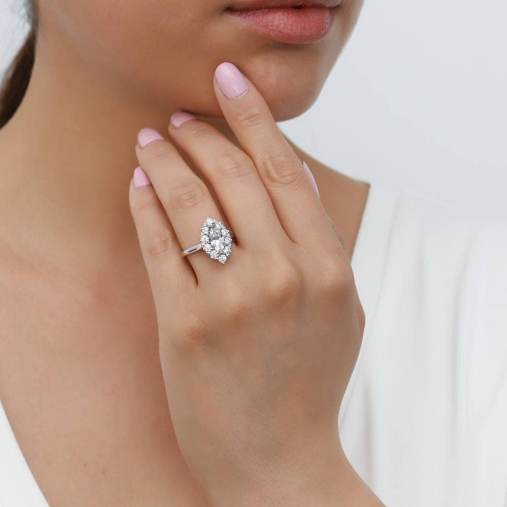 BERRICLE Sterling Silver Navette Wedding Engagement Rings Cubic Zirconia CZ Statement Halo Cocktail Ring for Women, Rhodium Plated Size 7