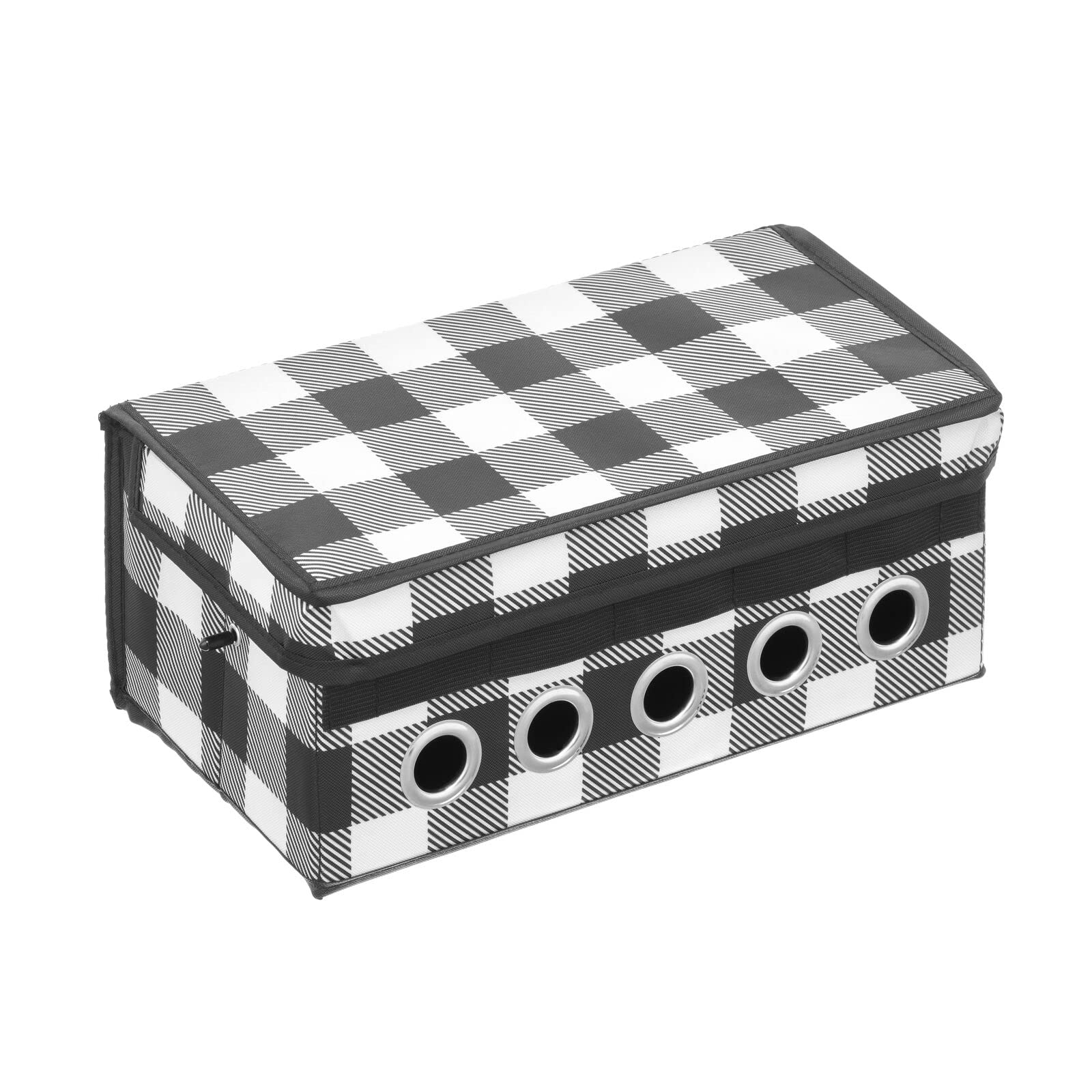 mDesign Gift-Wrapping Ribbon Storage Box with Handles - Holiday Bow Organizer Container with Lid - Christmas Giftwrap Ribbon Holder - Gift Storage Tote Bin and Bow Station - Buffalo Plaid Black/White