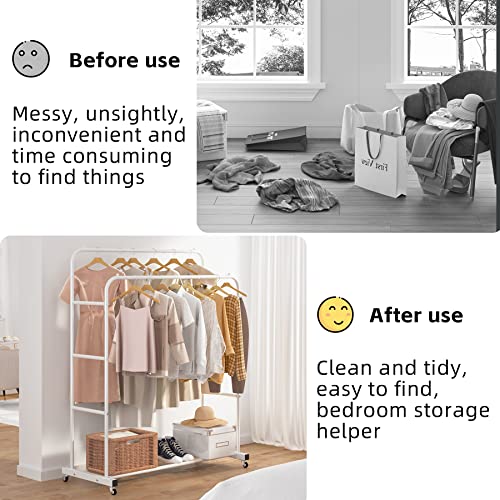 Laiensia Double Rod Garment Rack,Portable Rolling Clothes rack on Wheels,for Hanging Clothes,White