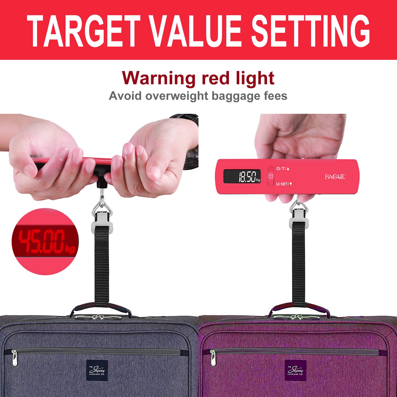 BAGAIL BASICS Digital Luggage Scale, 110lbs Hanging Baggage Scale with Backlit LCD Display, Portable Suitcase Weighing Scale, Travel Luggage Weight Scale with Hook, Strong Straps for Travelers Blue