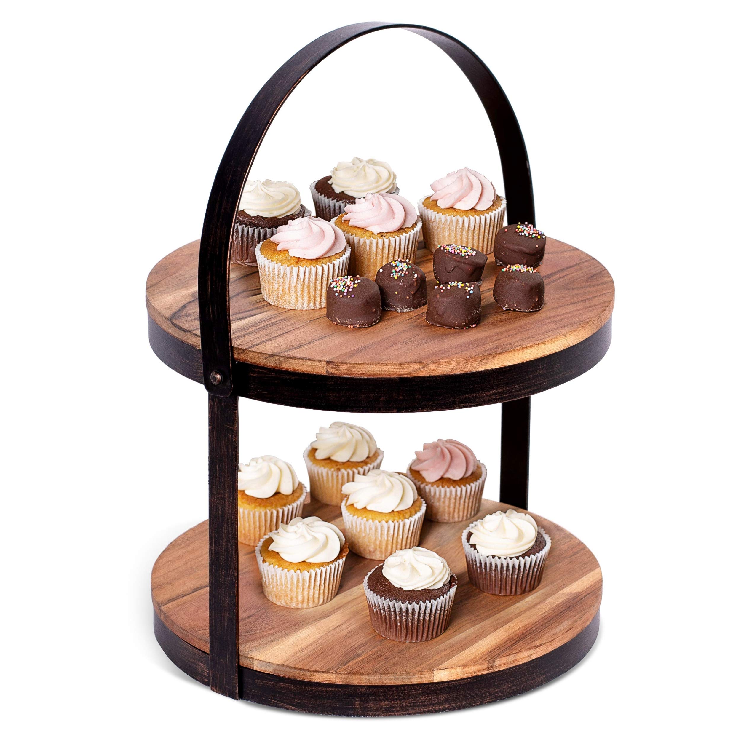 BIRDROCK HOME 2-Tier Cupcake and Cake Stand with Handle - Wood Iron Dessert Serving Tray - Rustic Farmhouse Dessert Stand - Modern Party Tiered Server - Table Kitchen Home Display - Round