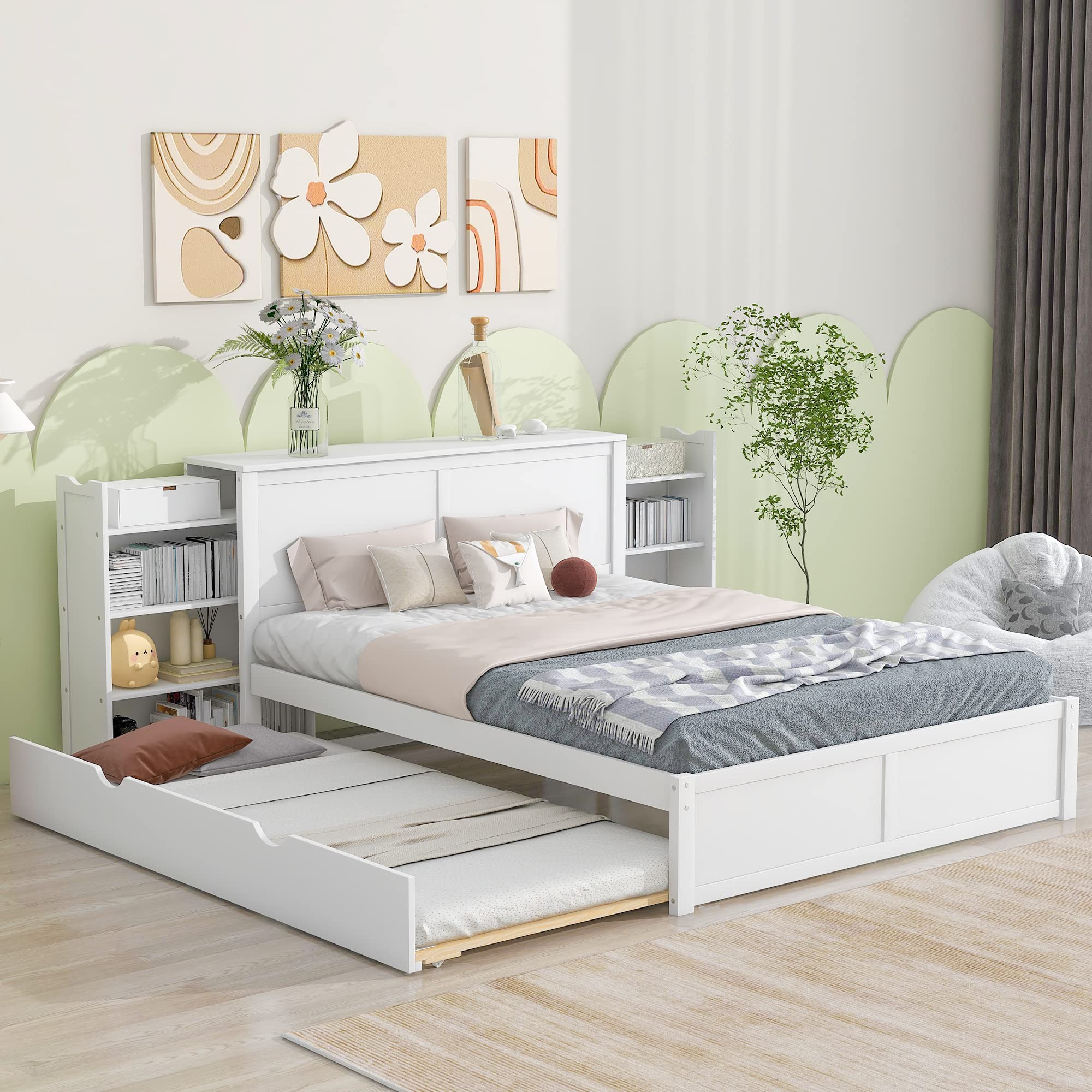 BIADNBZ Queen Size Storage Platform Bed with Pull Out Shelves and Twin XL Trundle, Wooden Bedframe with Headboard, for Bedroom Guest Room Dorm, White