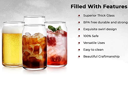 Glaver's Drinking Glasses 4pc Can Shaped Glass Cup Set, 16oz Beer Can Glass Coffee Cups, Cocktail Glasses, Water, Soda, Smoothie, Juice, Can Glasses. Dishwasher Safe