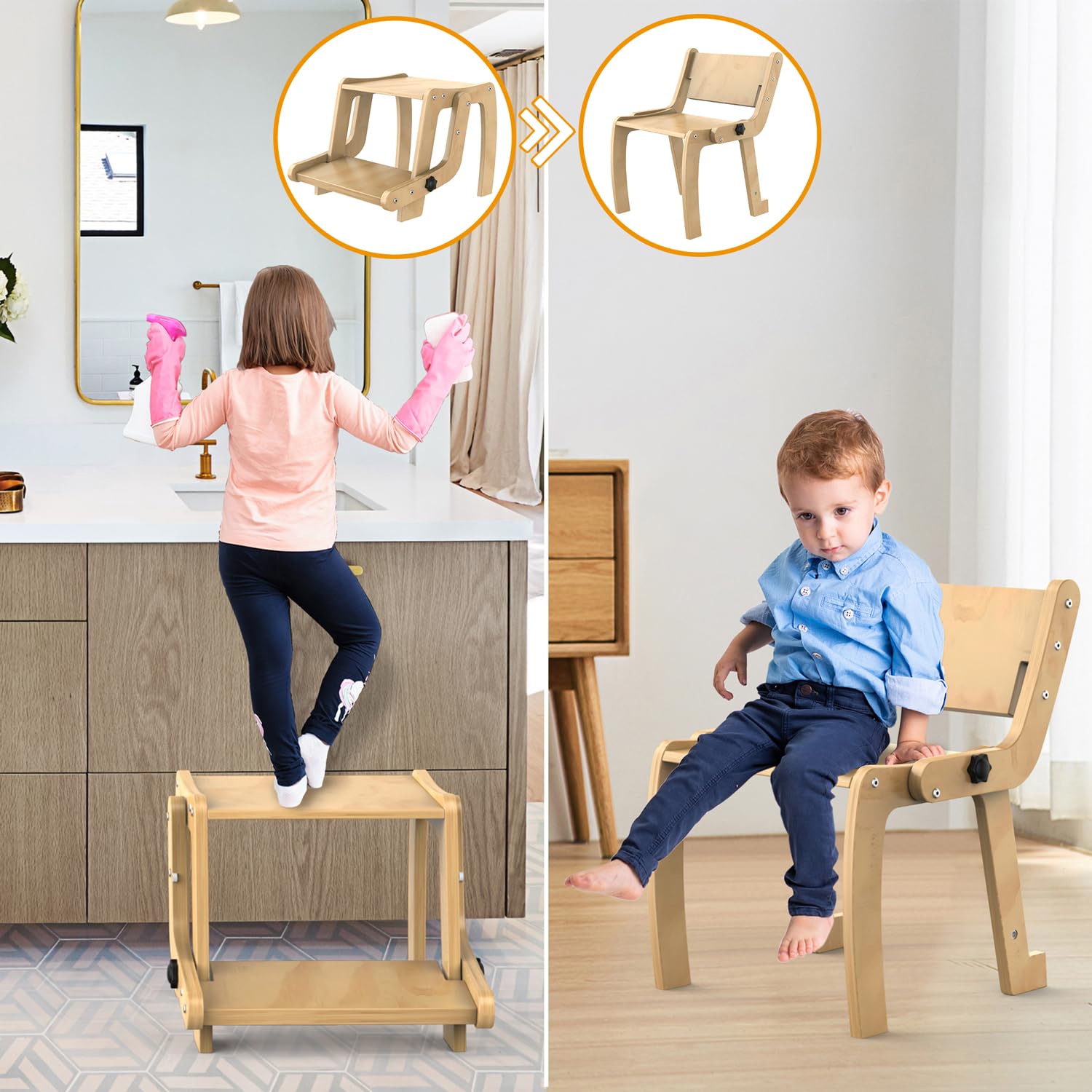Toddler Step Stool, Wooden Folding Toddler Step Stool, Two Step Kids Step Stool, Transformable Toddler Chair Kitchen Step Stool, Foldable Toddler Step Stool for Bathroom Sink, Small Toddler Step Stool