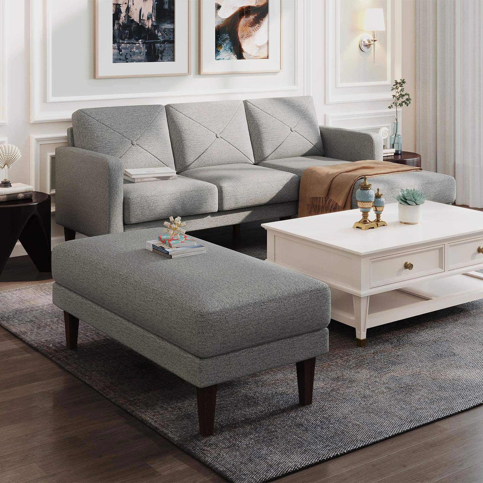 Belffin Convertible Sectional Sofa Couch with Ottoman Reversible L Shaped Sofa Couch Set in Fabric Dark Grey