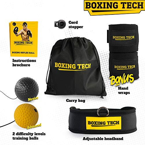 Boxing Reflex Ball Headband Set - Punching Ball on String Adjustable Two Difficulty Level for Training Box Fight MMA Equipment Hand Eye Coordination Speed Reaction with Hand Wraps for Kids and Adults