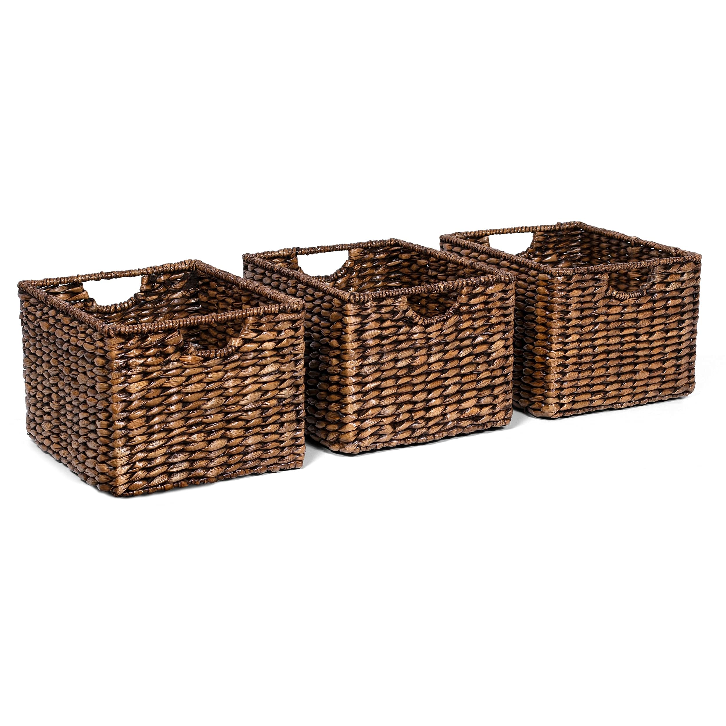 BIRDROCK HOME Storage Shelf Organizer Baskets with Handles - Set of 3 - Seagrass Wicker Basket - Pantry Living Room Office-Bathroom Shelves Organization - Under Shelf Basket - Handwoven (Natural)