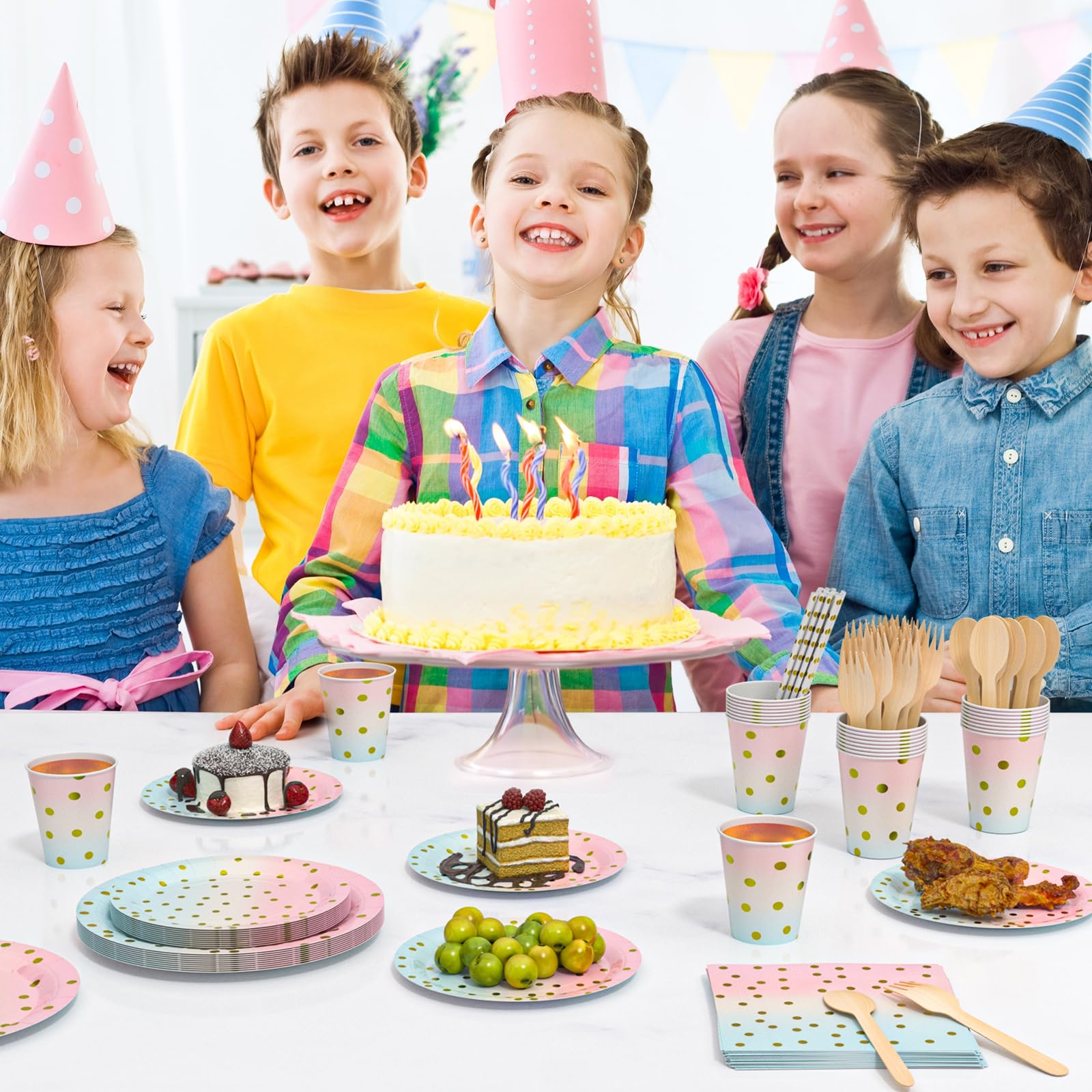 Dn Dennov 168PCS Pink and Gold-Pastel Party Supplies, Severs 24 Disposable Party Dinnerware Include Paper Party Plates,Cups,Napkins,Straw,Wooden Fork Spoon for Wedding,Christmas(Trompe l'oeil Gold)
