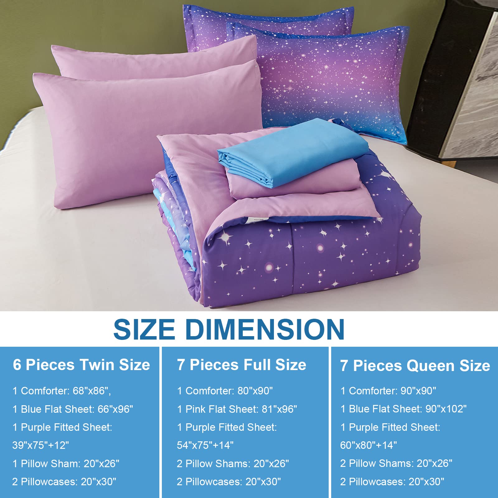Drucon Rainbow Comforter Set Queen Size for Teen Girl &Boys,7 Pieces Bed in A Bag Blue Purple Rainbow Bedding Set Queen Size(1 Comforter, 1 Flat Sheet, 1 Fitted Sheet, 2 Pillow sham, 2 Pillowcases)
