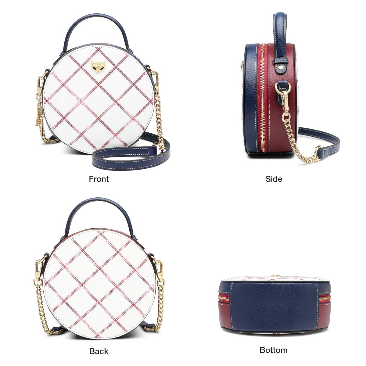 Split Cow Leather Women's Leather Round Crossbody Bags Female Cowhide Small England Style Circular Handbag Lady Shoulder Bags (white)