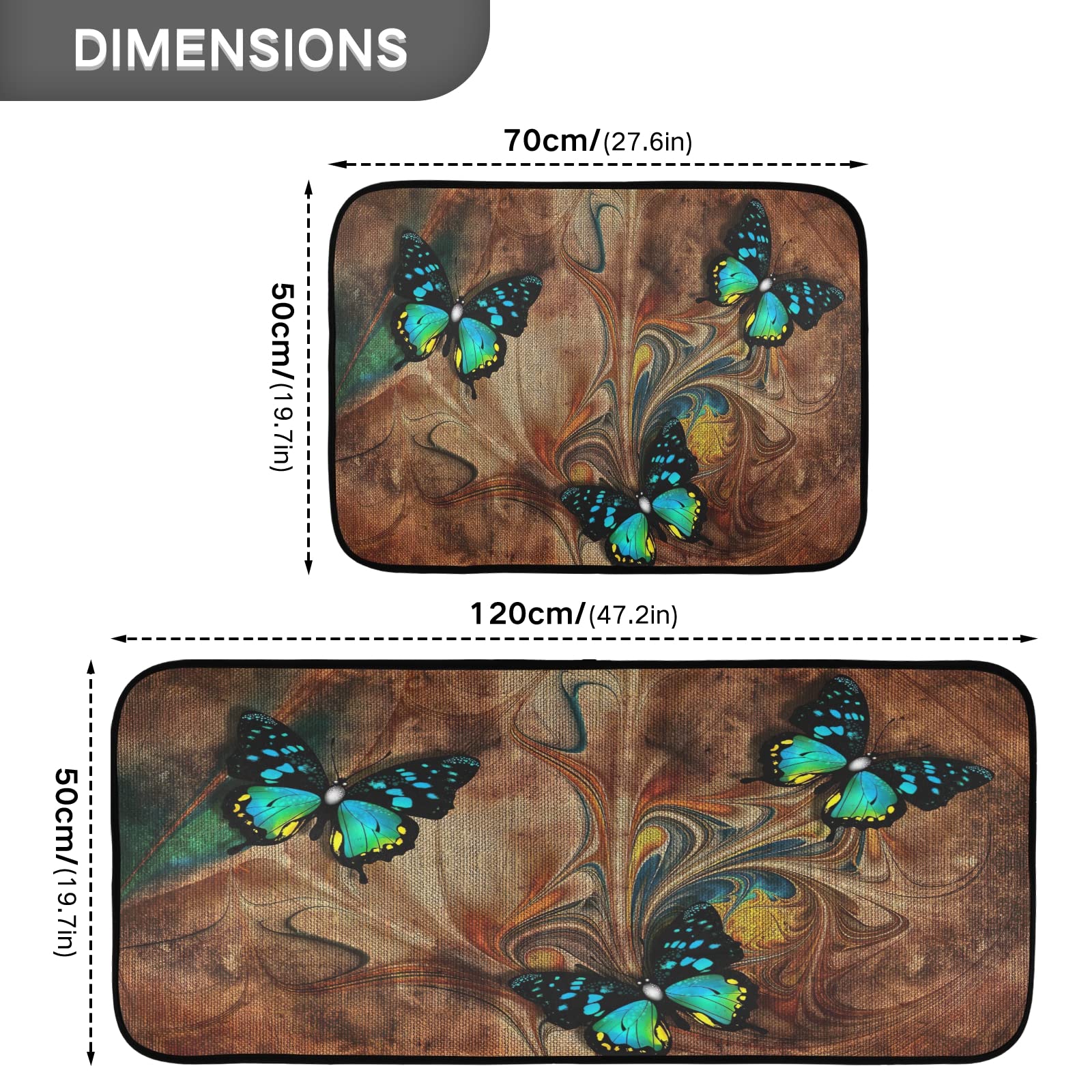 Blue Butterfly Brown Background Kitchen Mats and Rugs Set of 2 Cushioned Anti Fatigue Comfort Waterproof Runner Carpets for House,Sink,Office,Kitchen