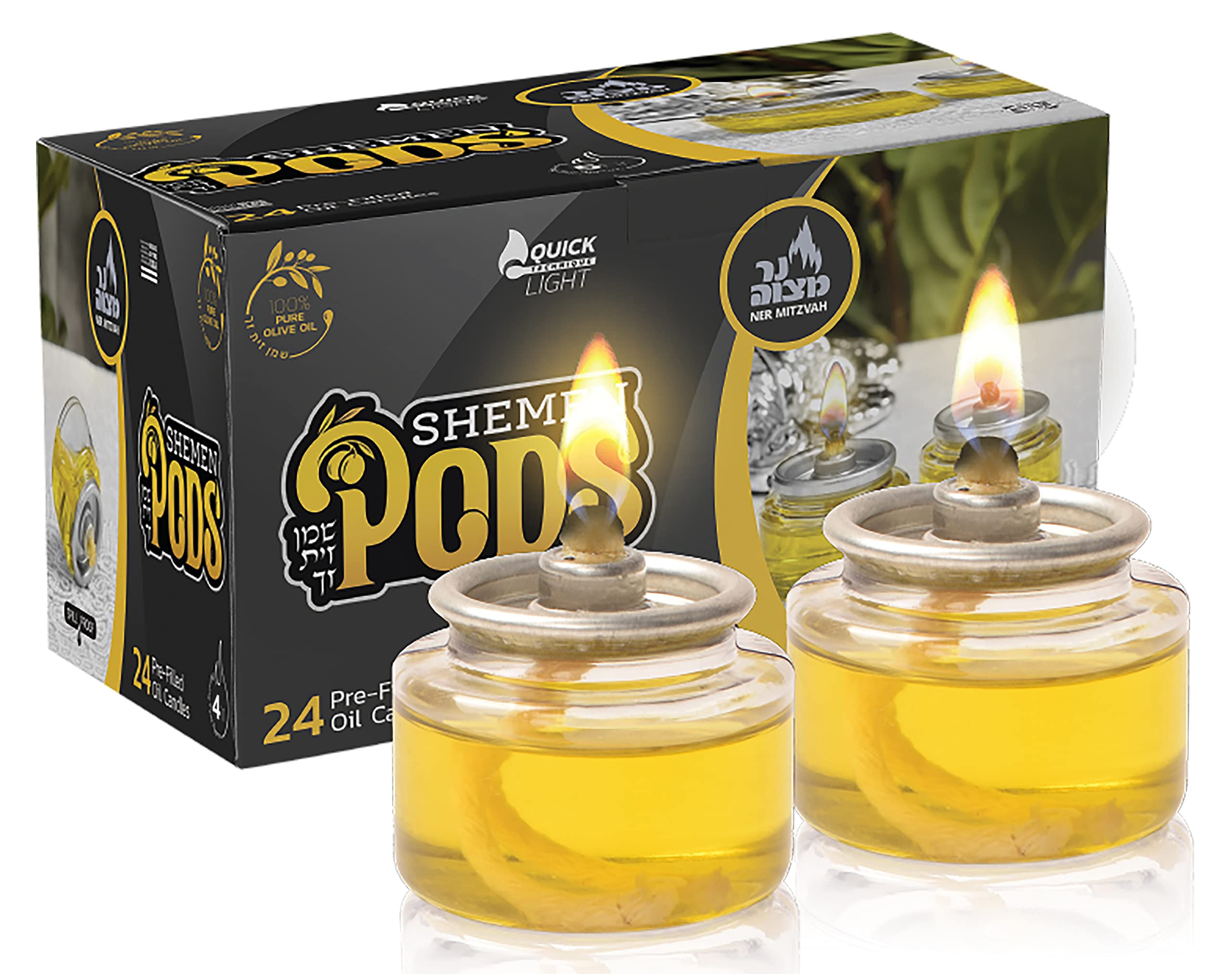 Ner Mitzvah Extra Virgin Olive Oil Shabbat Candles - 4 Hour Olive Oil Candles - 24 Pack Pre-Filled Shabbos Candles with Quick Light Technique