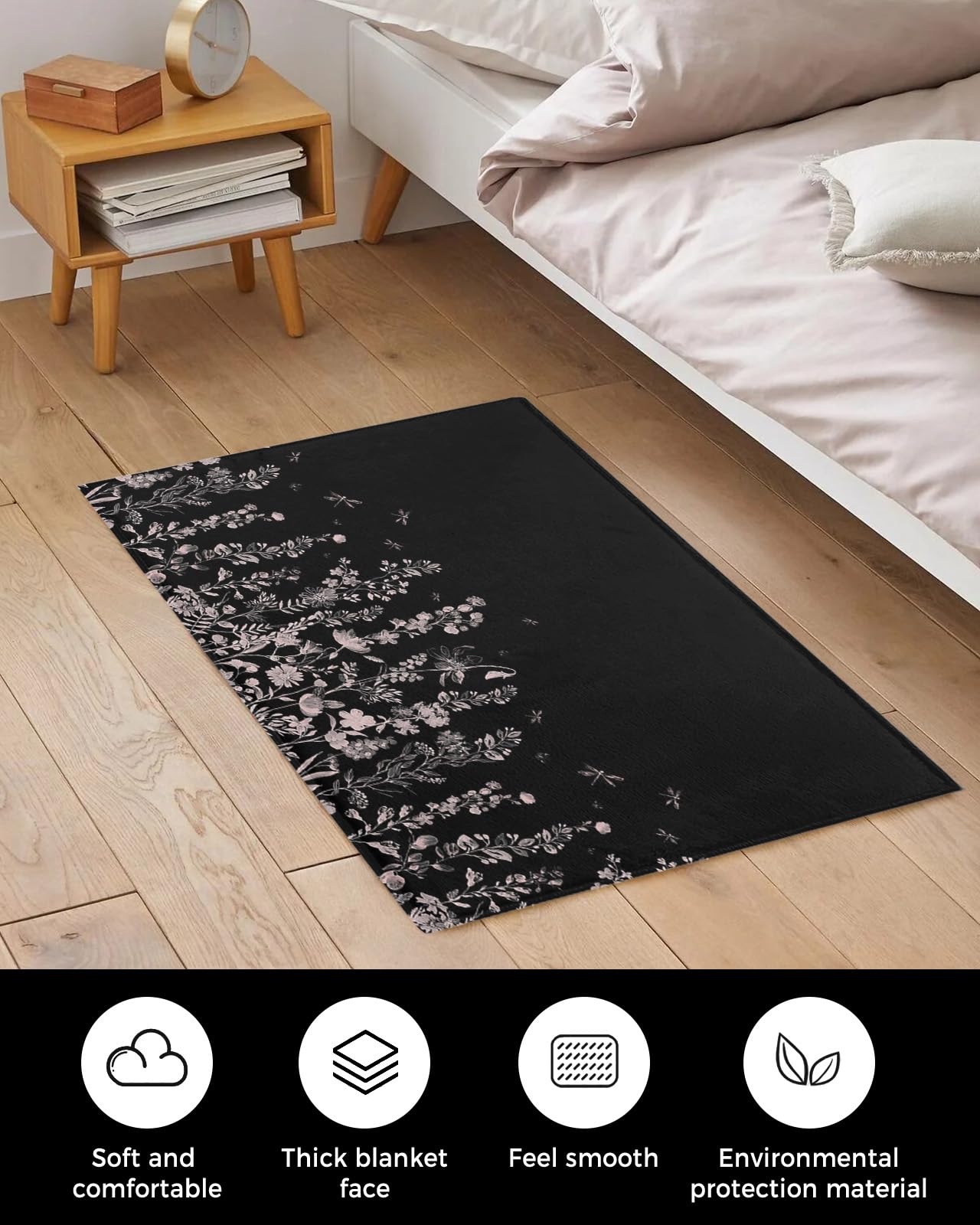 Black Flower Plush Rug Non Slip Bath Mat, Soft Shaggy Long Fur Fuzzy Bath Rugs 16" x 24" Vintage Floral Aesthetic Leaves Dragonfly Carpet Mat for Bathroom Shower Home