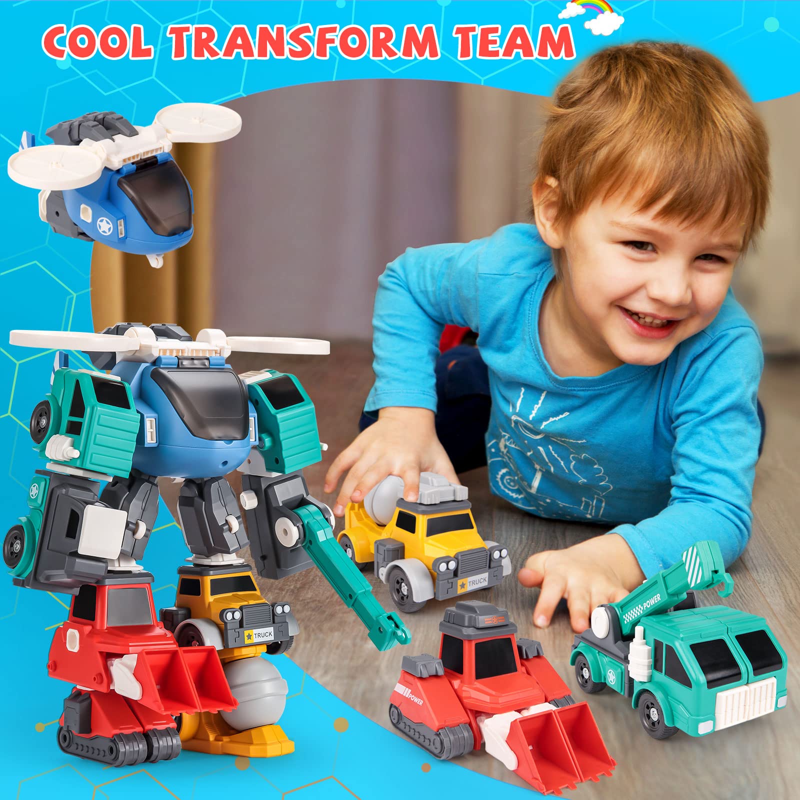 ThinkMax Transform Toys for 3 4 5 6 7 8 Year Old Boys, Robot Toys for Kids 3-5 5-7, 4 Magnetic Construction Trucks Vehicles w/Play Mat, Birthday Gift for Boy, 32 Pieces