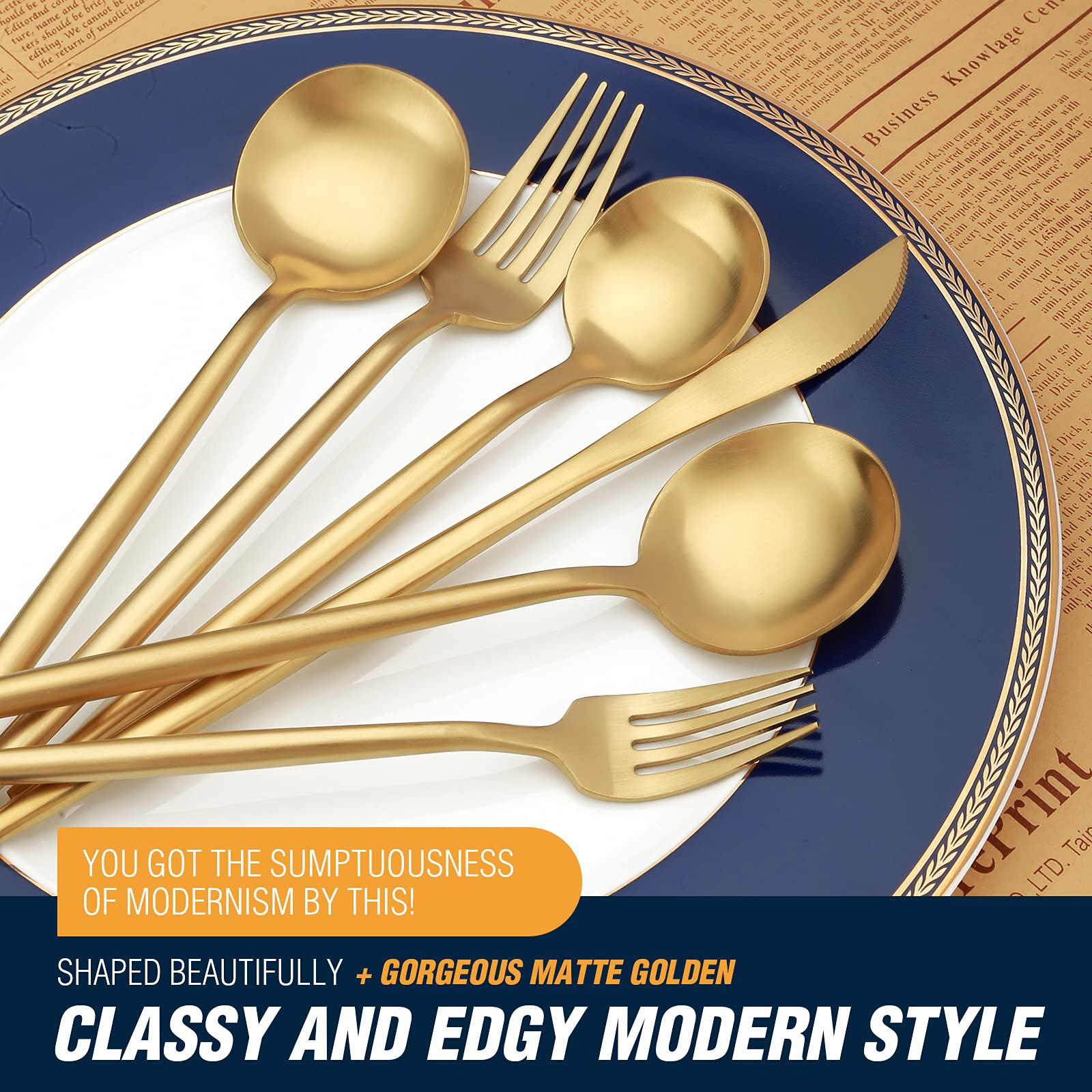 BirdyFly Gold Silverware Set, 20 Piece Stainless Steel Flatware Set Service for 4, Matte Gold Cutlery Set, Include Knives/Forks/Spoons, Dishwasher Safe