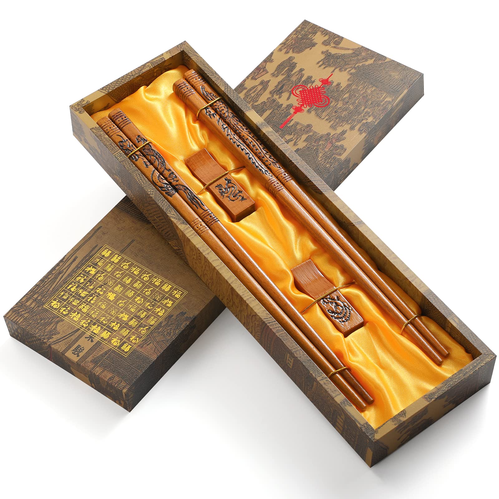 Chopsticks Reusable- Chinese Style Chopsticks, Dragon and Phoenix Chopsticks Set with Holder and Carrying Bag, Natural Wooden Chopstick Gift Set (2 Pairs)