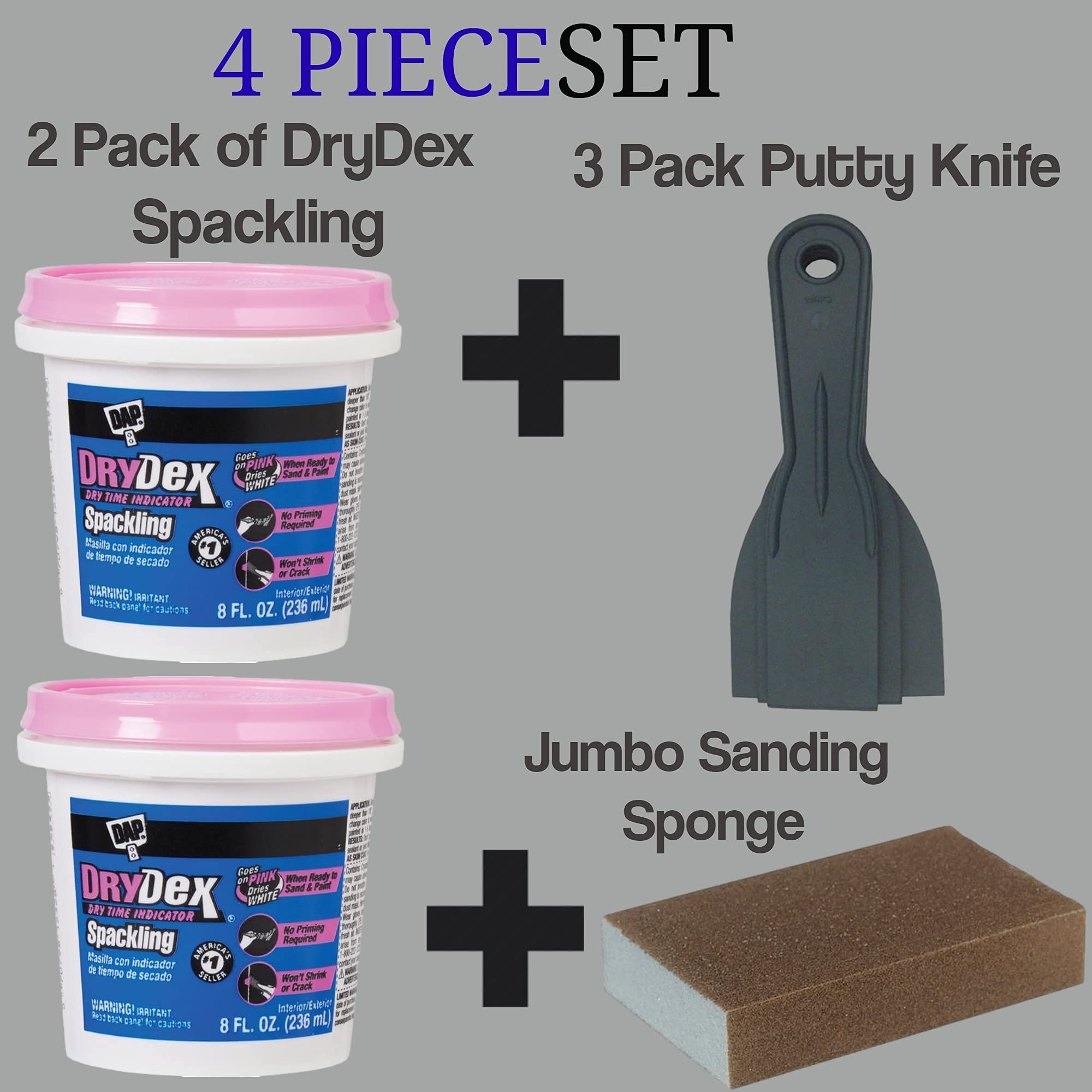 Do it Best Drywall Repair Kit- DAP Drydex (2Pack)- Joint Compound Spackle Patch- Nail Hole Filler- Wall Putty- Plaster Repair- Bundled w/Sanding Block & 3 Pack Putty Knife Set