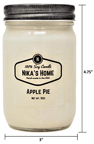 Nika's Home Apple Pie Soy Candle 12oz Mason Jar Non-Toxic White Soy Handmade, Long Burning 50-60 Hours Highly Scented All Natural, Clean Burning Large Candle Gift Décor