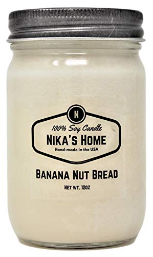 Nika's Home Banana Nut Bread Soy Candle 12oz Mason Jar Non-Toxic White Soy Handmade Long Burning 50-60 Hours Highly Scented All Natural, Clean Burning Candle Gift Décor