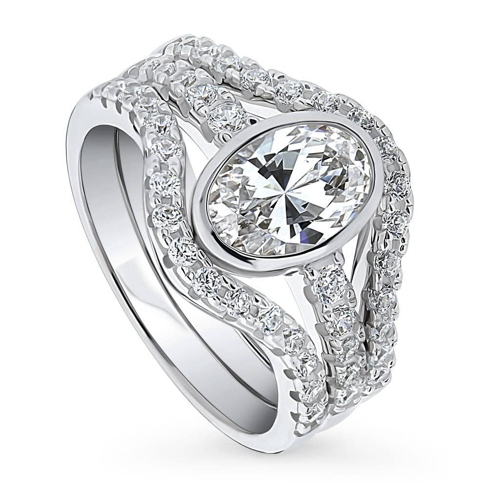 BERRICLE Sterling Silver Solitaire Wedding Engagement Rings 1.4 Carat Bezel Set Oval Cut Cubic Zirconia CZ Ring Set for Women, Rhodium Plated Size 6