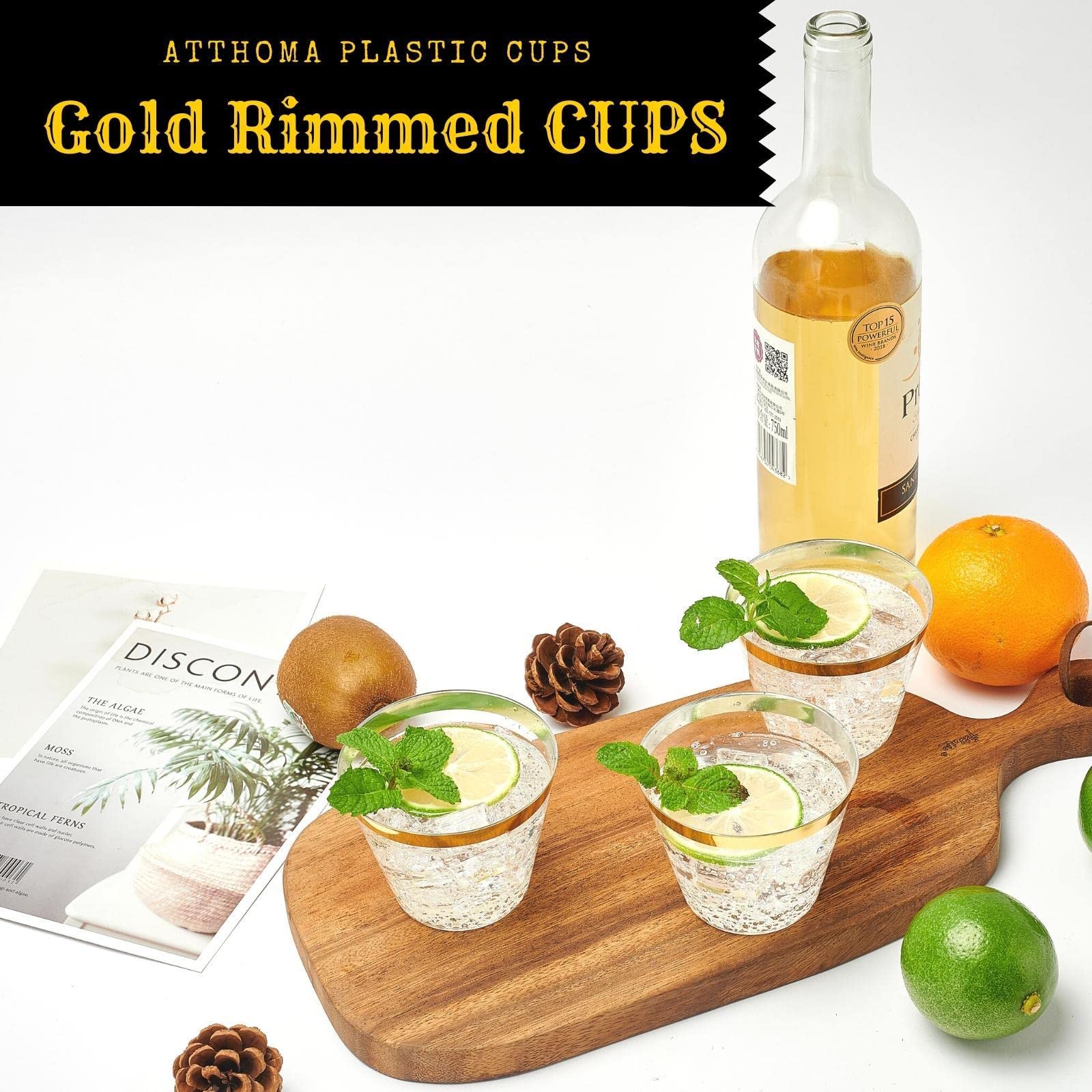 Athoma 12oz Gold Rimmed Plastic Cups Disposable, Drinket Gold Plastic Glasses for party, 100pcs Disposable Plastic Cups Tumblers, Hard Plastic Party Cups, Plastic Wedding Cups,Plastic Cups For Party