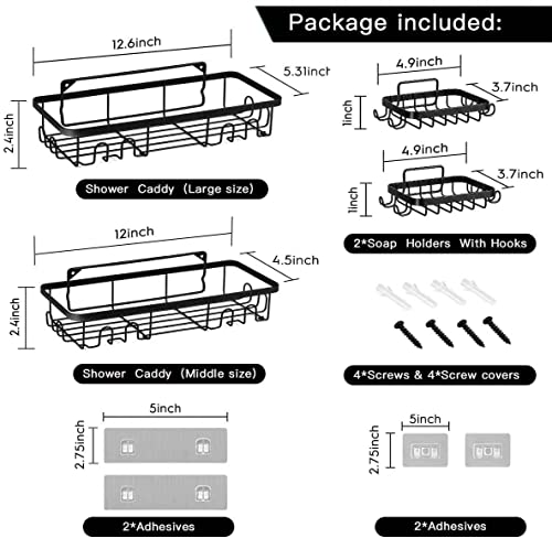 Damyon Shower Caddy Shelf Organizer (2Pack) with 2 Soap Dishes, Adhesive Black Bathroom Accessories Basket Shelves with Hooks, No Drilling Wall Mount Shower Storage Accessories
