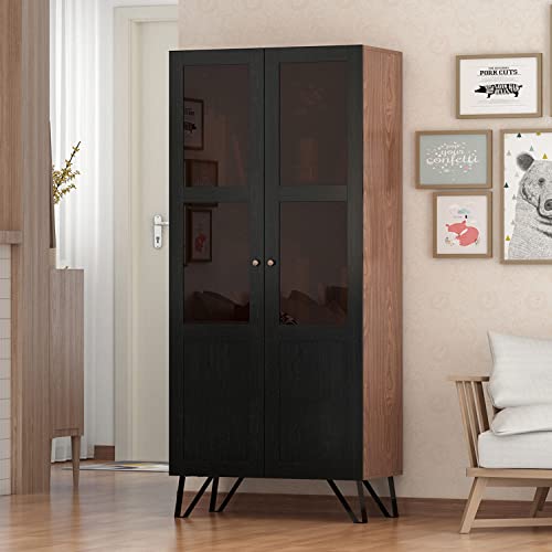 ECACAD 3-Tier Tall Bookcase Storage Cabinet with 2 Acrylic Glass Doors, Wood Bookshelf Display Cabinet with Metal Legs for Living Room & Office, Brown and Black (31.5”L x 15.9”W x 70.7”H)