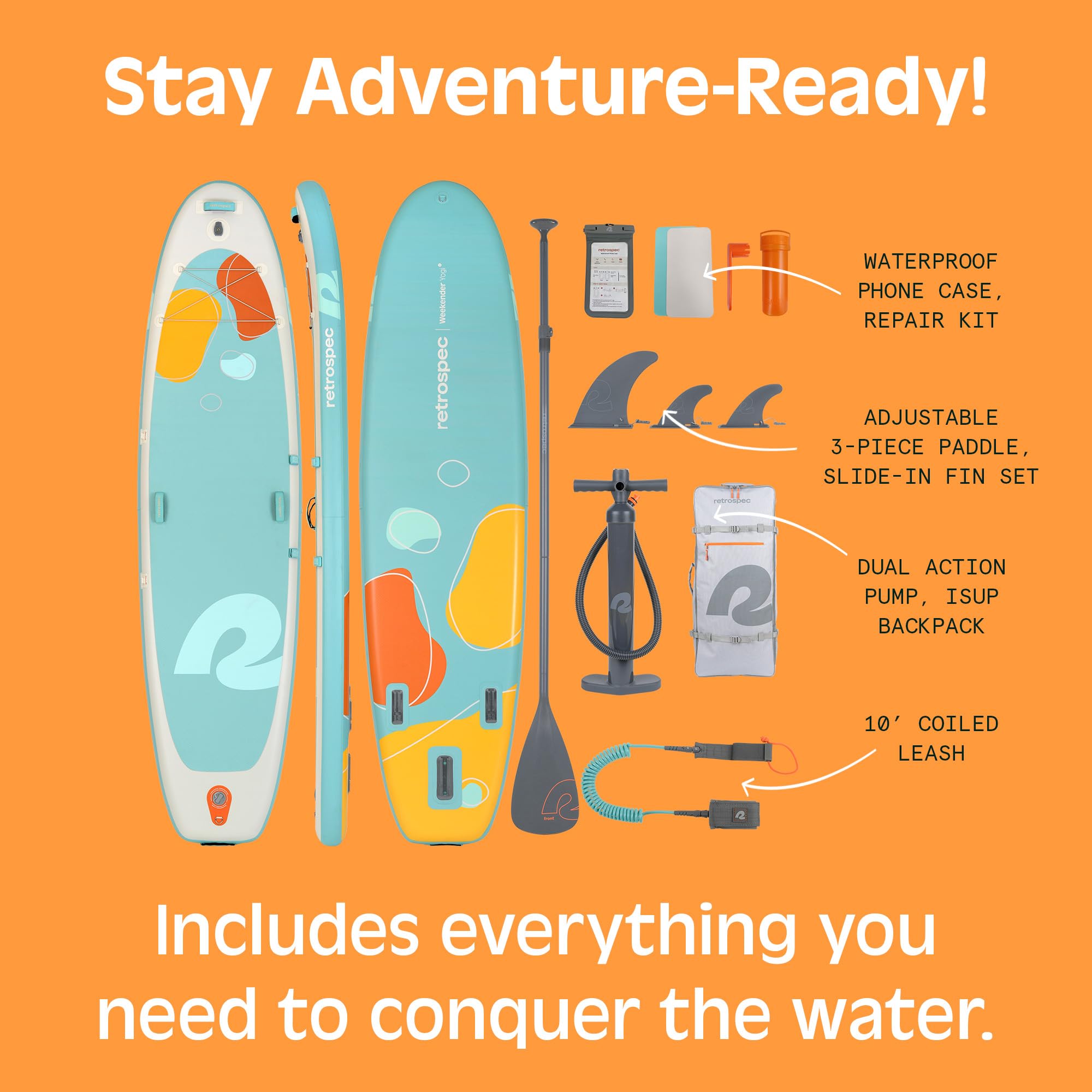 Retrospec Weekender-Yogi 10' Extra Wide Inflatable Stand Up Paddleboard iSUP Bundle w/ paddle board carrying case, aluminum paddle, removable fins, pump & phone case