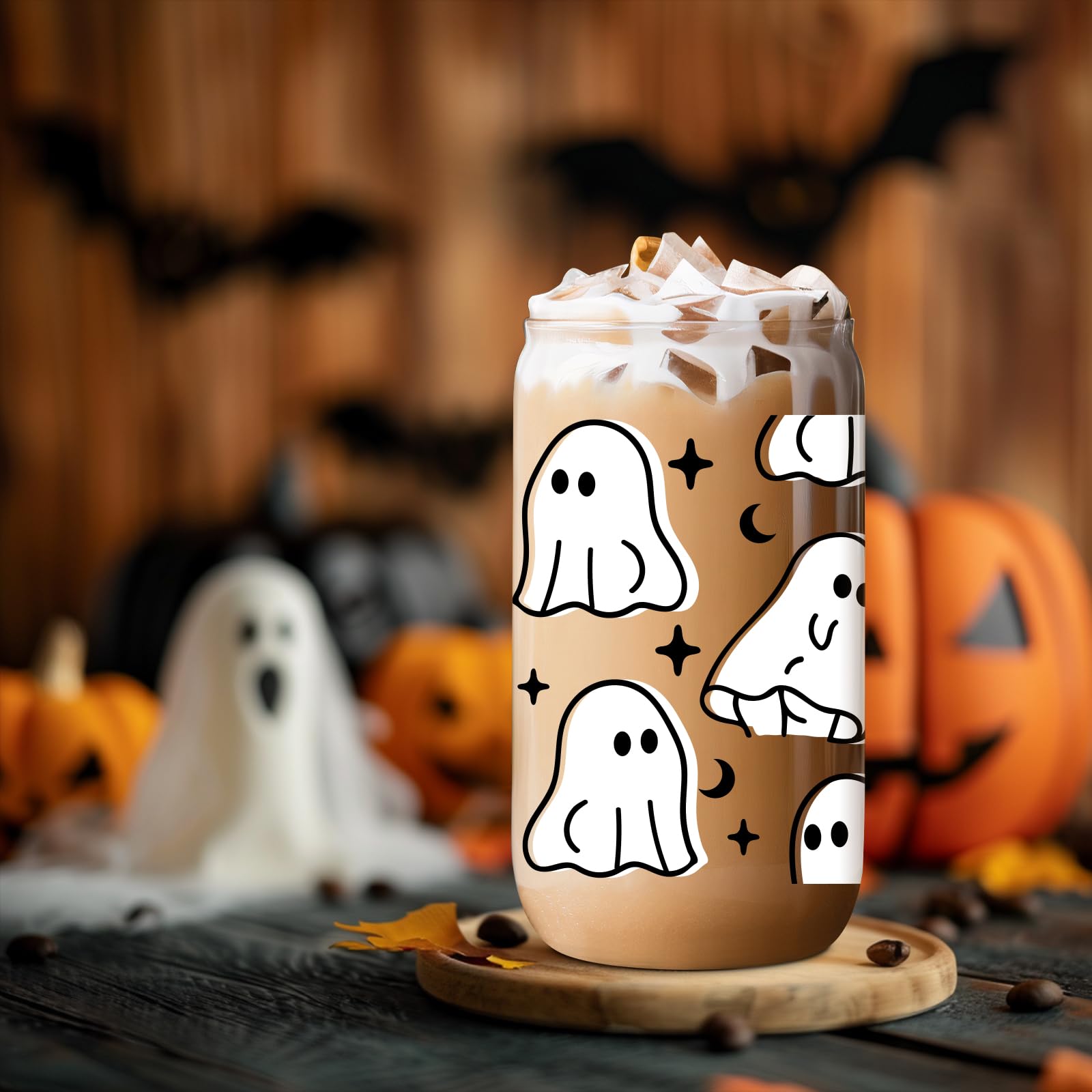 Coolife Funny Halloween Ghost Cup for Women, Cute Spooky Iced Coffee Cup, 16 oz Halloween Tumbler Glass Cups w/Lids Straws, Spooky Gifts for Her Teens, Boo Basket Stuffers, Halloween Gifts for Women