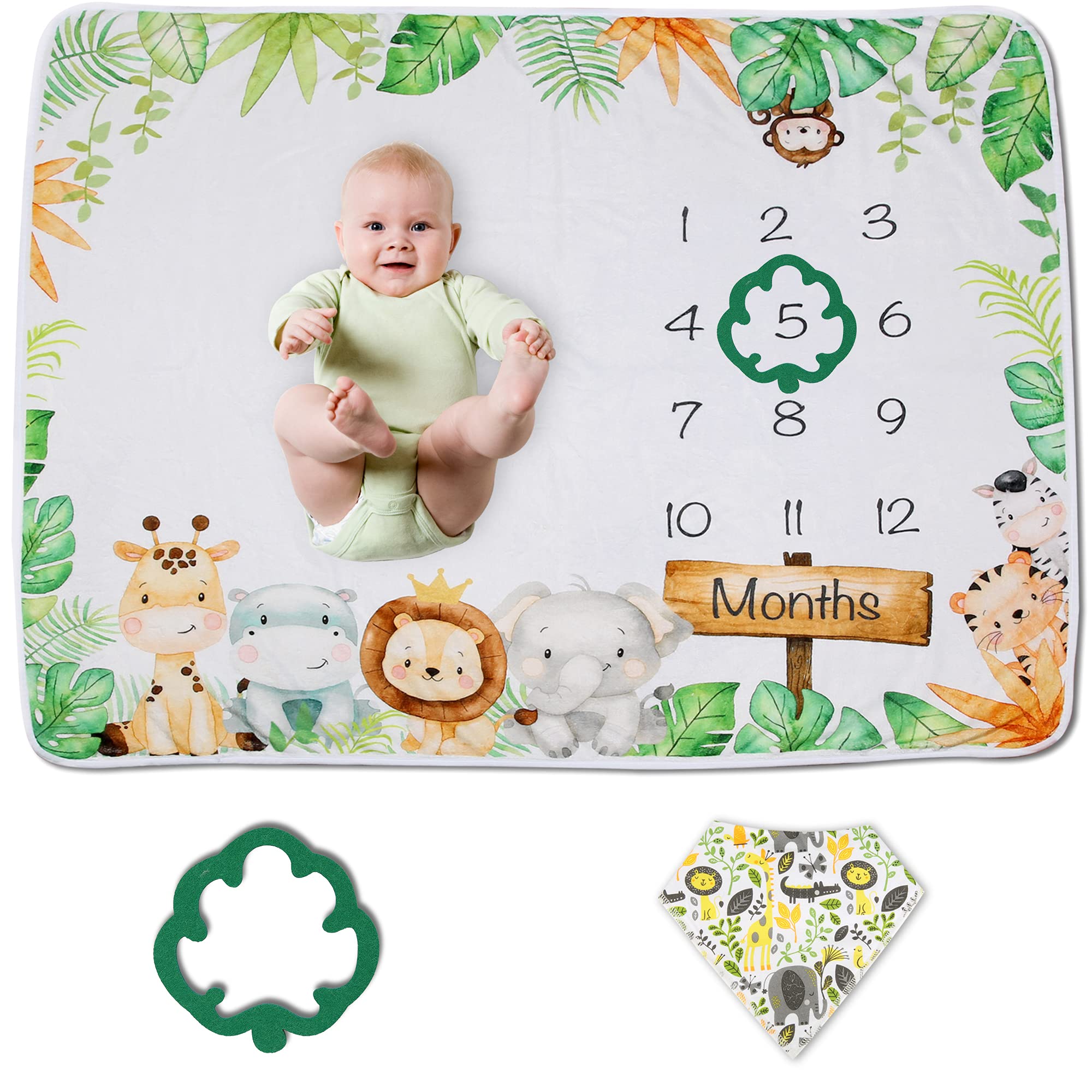 Baby Monthly Milestone Blanket Boy or Girl | Safari Jungle Animals Months Blanket | Gender Neutral Photo Blanket for Newborn Baby | Super Soft Premium Fleece | Bib+Marker 40"x50"