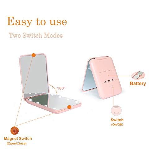 Kintion Pocket Mirror, 1X/3X Magnification LED Compact Travel Makeup Mirror, Compact Mirror with Light, Purse Mirror, 2-Sided, Portable, Folding, Handheld, Small Lighted Compact Mirror for Gift, Pink