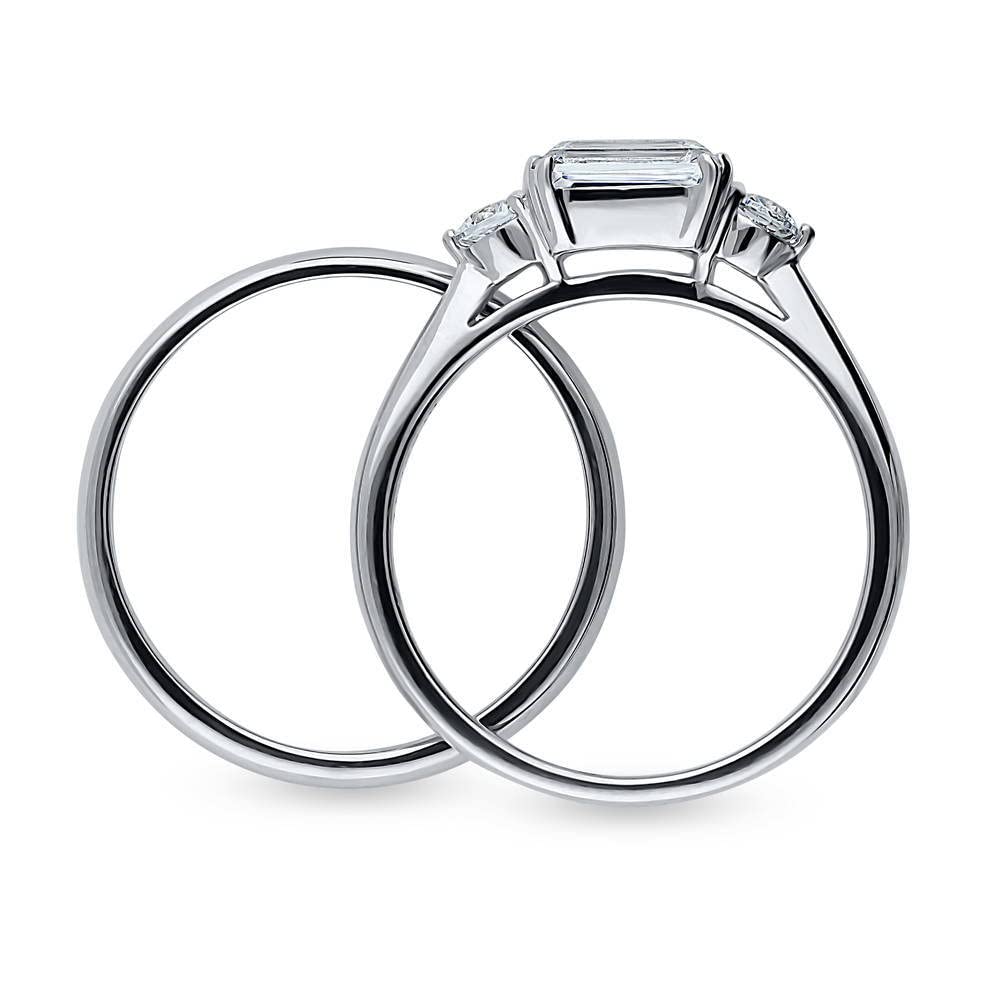 BERRICLE Sterling Silver 3-Stone Wedding Engagement Rings Emerald Cut Cubic Zirconia CZ East-West Ring Set for Women, Rhodium Plated Size 4.5