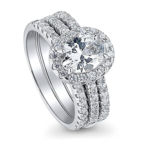 BERRICLE Sterling Silver Halo Wedding Engagement Rings Oval Cut Cubic Zirconia CZ Ring Set for Women, Rhodium Plated Size 9
