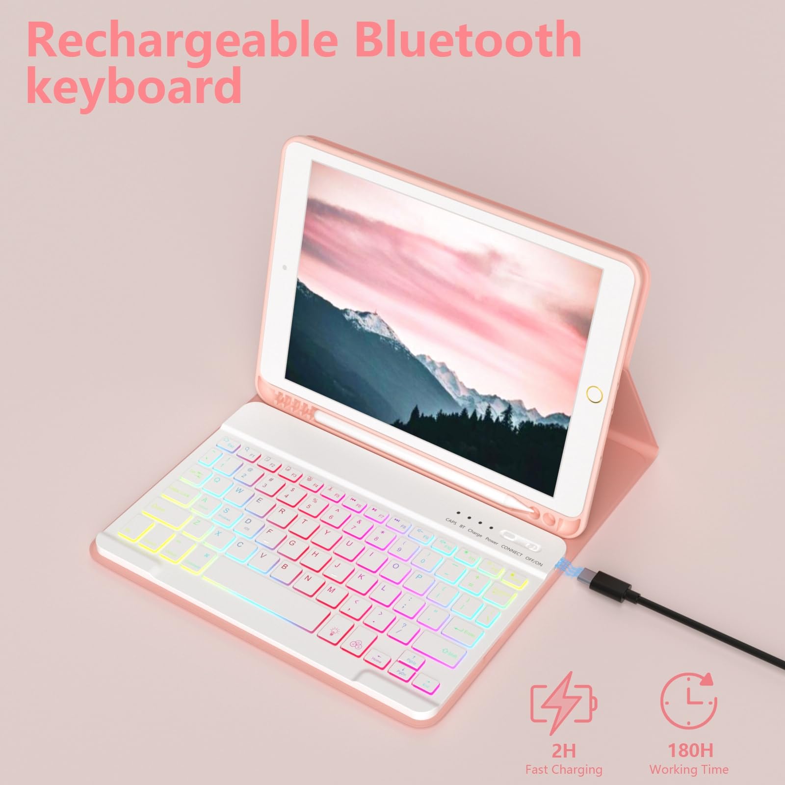 FUWANG Keyboard Case for iPad 9th Generation 10.2 inch 2021 - Detachable 7 Colors Backlit Stand Folio Keyboard Cover for iPad 8th Gen/7th Gen/iPad Pro 10.5"/iPad Air 3rd Gen, with Pencil Holder