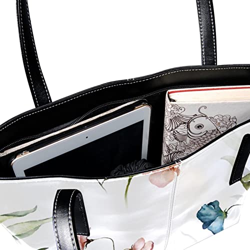 Beautiful Flowers Pattern Tote Bag for Women Girls, Leather Shoulder Bag with Inside Pockets, Zip Top Handbags